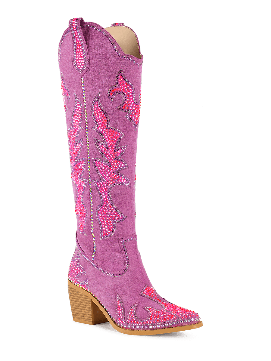 Rose Red Faux Suede Rhinestone Knee High Boots Wetkiss
