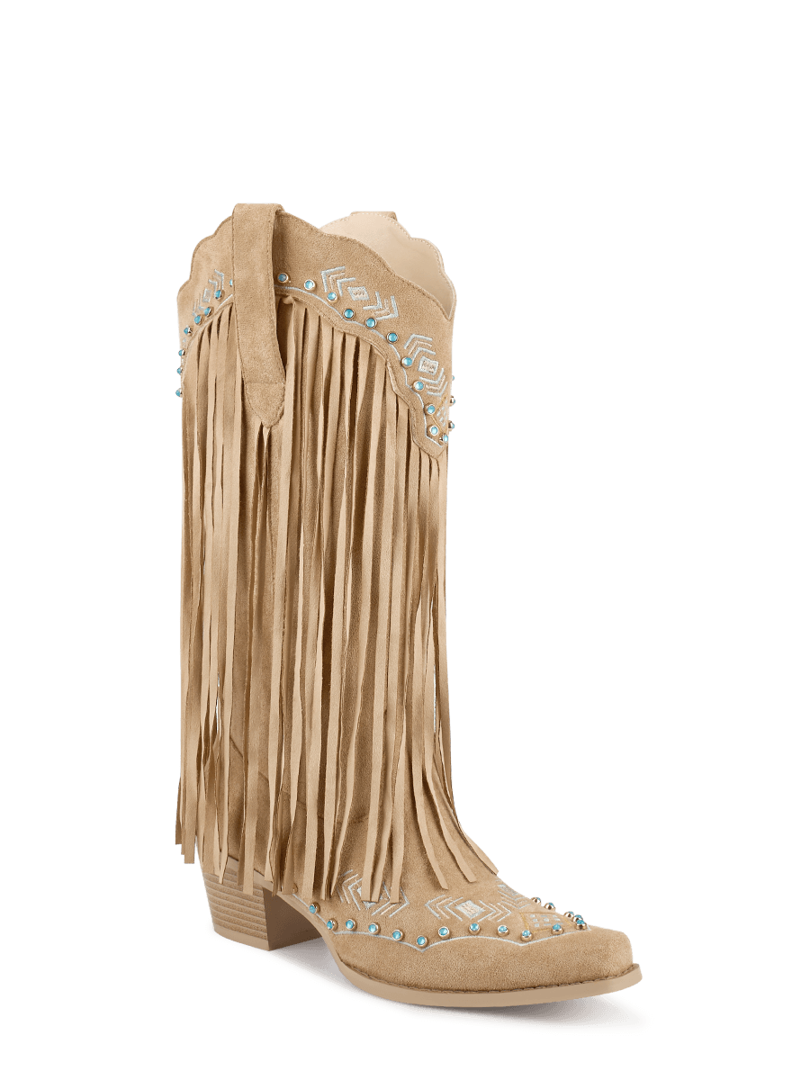 Apricot Fringe Western Boots | Blue rhinestones Boots | WETKISS