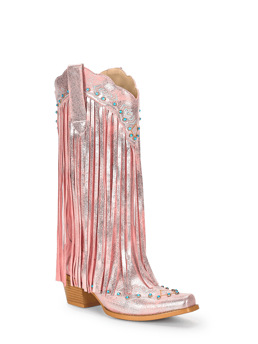 Apricot Fringe Western Boots | Blue rhinestones Boots | WETKISS