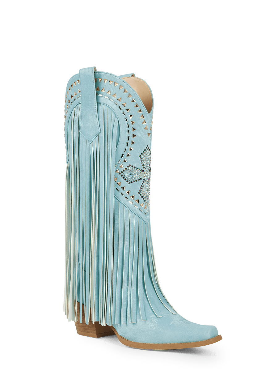 Blue Colour Velvet Rhinestone Fringe Western Boots | WETKISS
