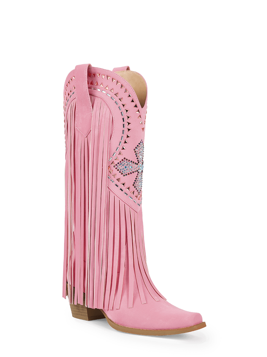 Pink Colour Velvet Rhinestone Fringe Western Boots | WETKISS